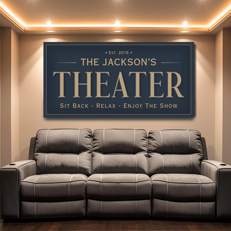 Personalized Home Theater Sign, Movie Room Wall Decor, Custom Family ...
