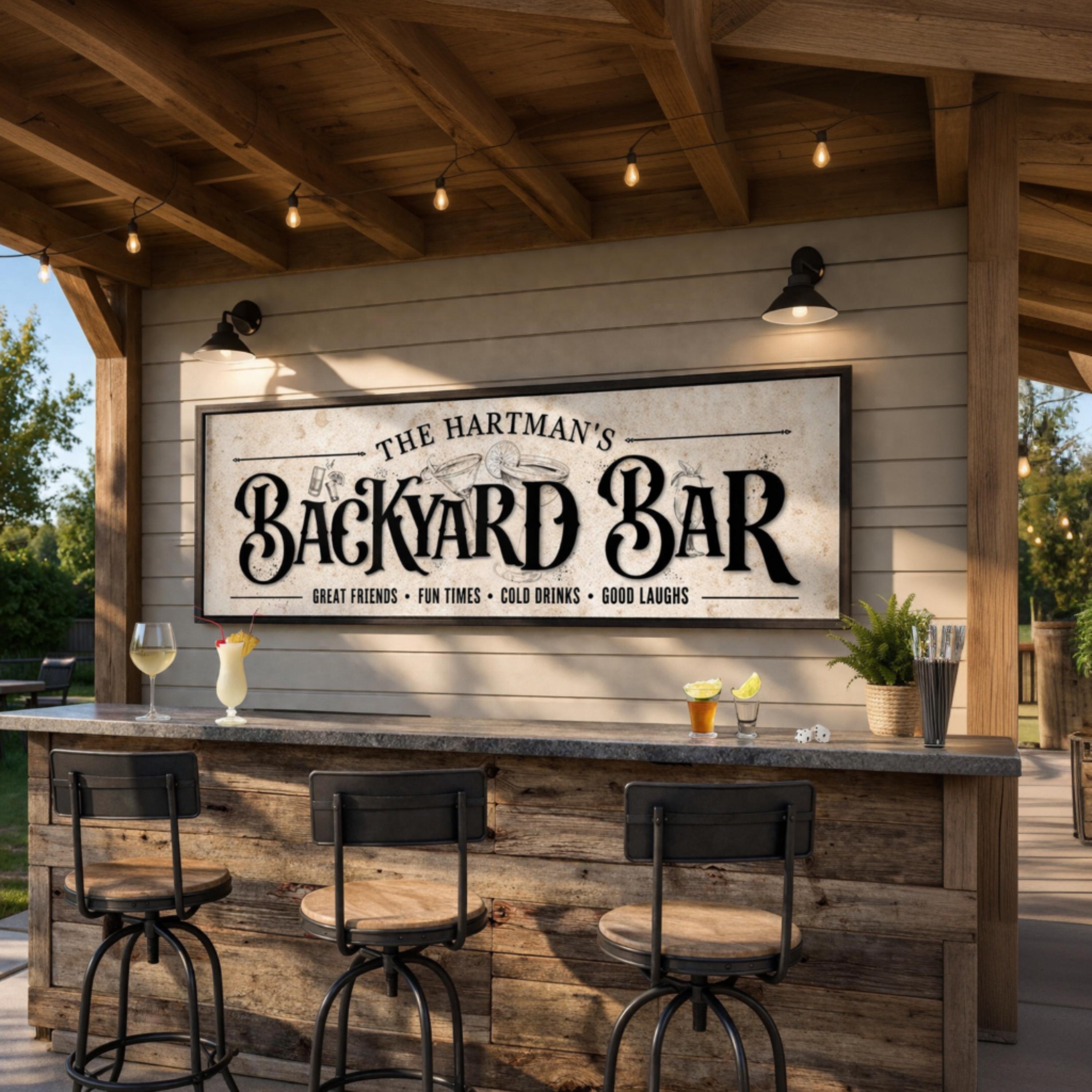 Backyard Bar Sign, Back Patio Wall Decor, Personalized Rustic Bar ...