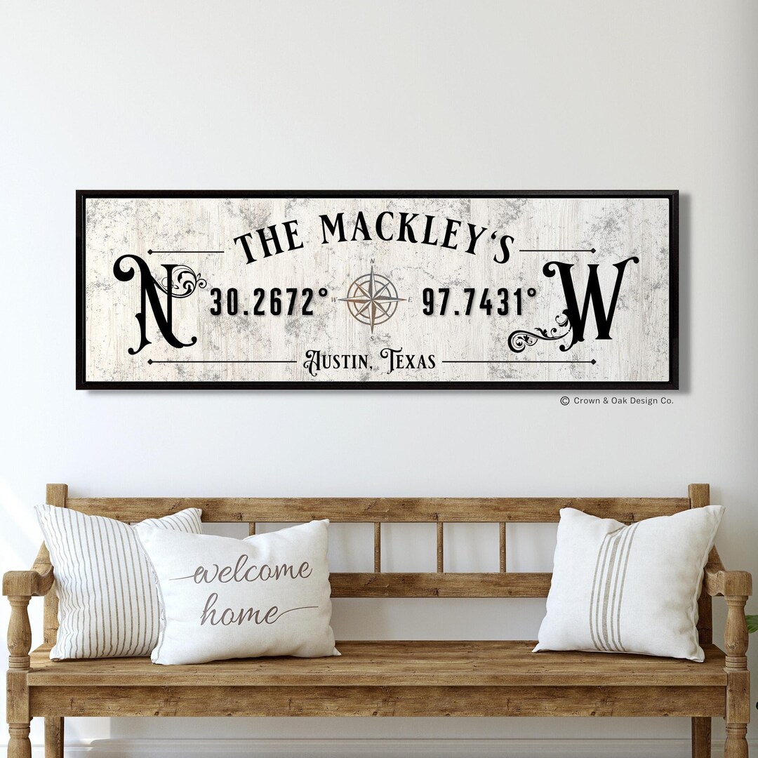 GPS Coordinates Sign Latitude and Longitude Wall Art Rustic Family Name ...