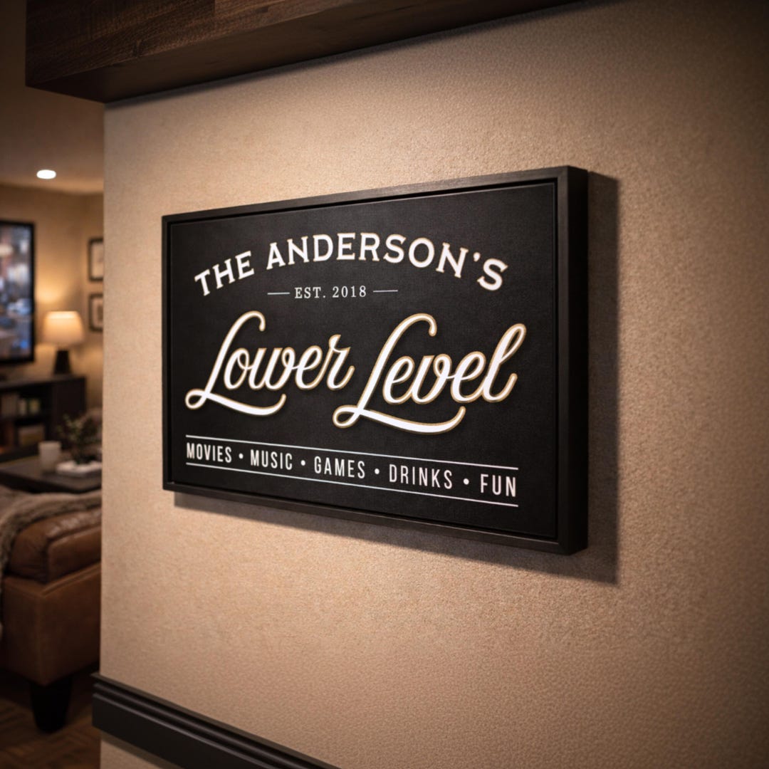 Lower Level Sign, Personalized Family Media Room Sign, Custom Basement ...