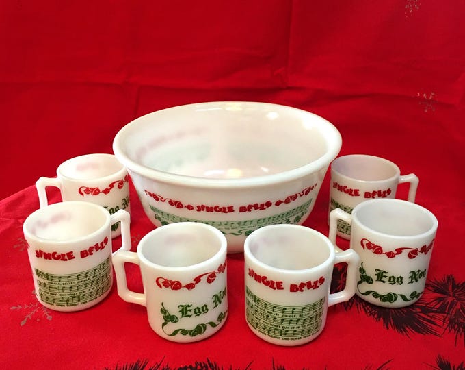 Vintage Hazel Atlas Jingle Bells Egg Nog Tom and Jerry Set - Punch Bowl ...