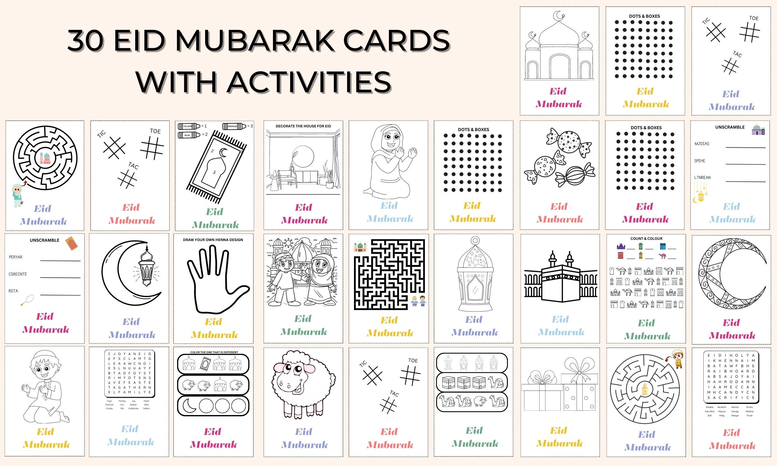 Eid Mubarak Kids Activity Cards Printable Digital Download | Eid Kids ...
