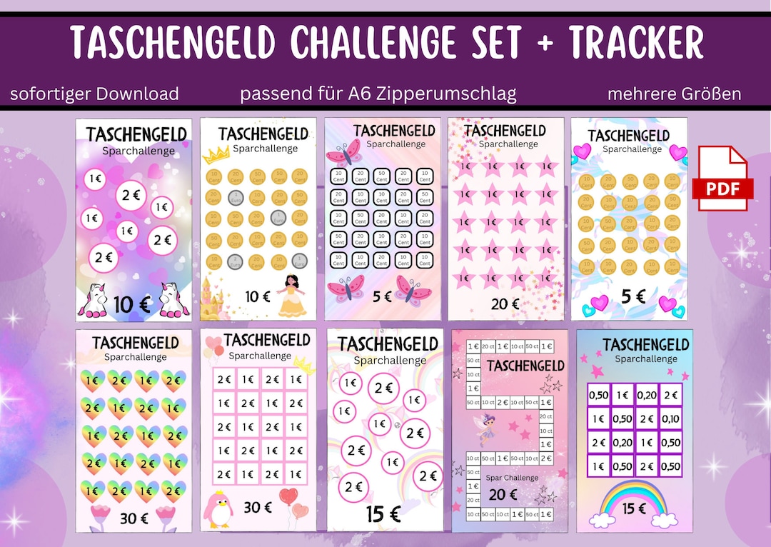 Taschengeld Sparchallenge Set Kinder passend für Umschläge A6 Cash ...