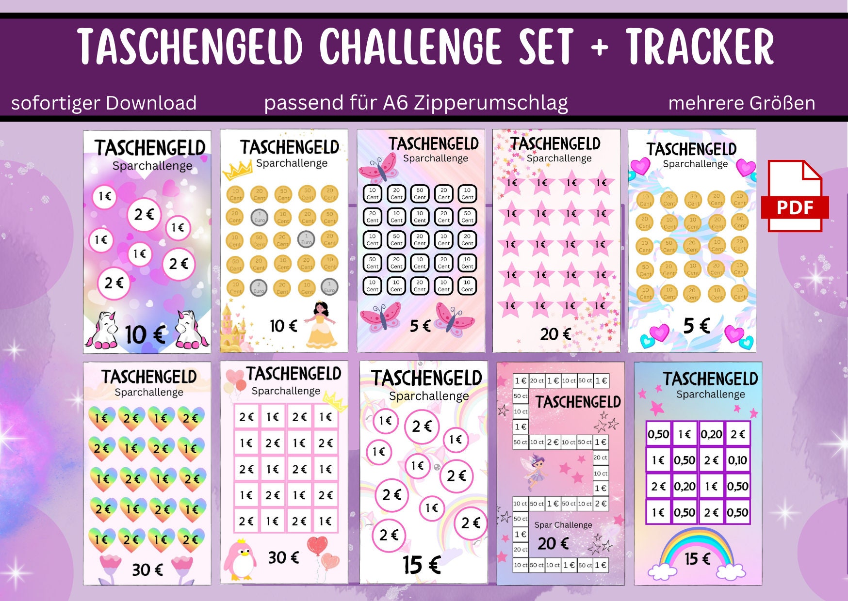 Taschengeld Sparchallenge Set Kinder passend für Umschläge A6 Cash ...