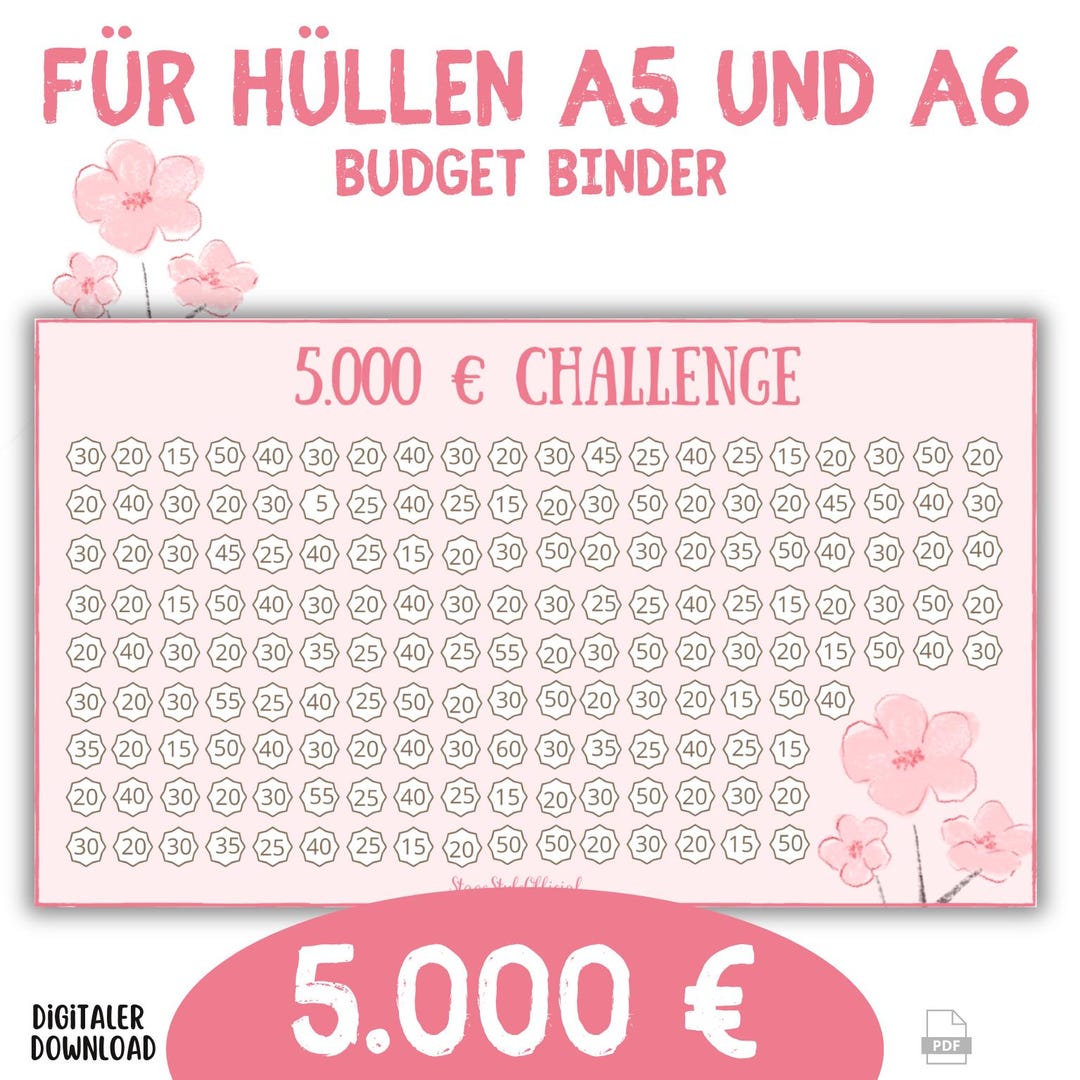 Savings Challenge 5,000 German Set Suitable for A5 and A6 Cash Binders ...