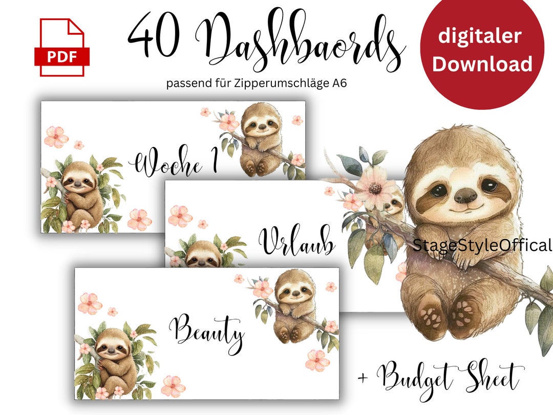 40 Sloth-themed Dashboards + 1 Tracker | A6 Format | Digital Download ...