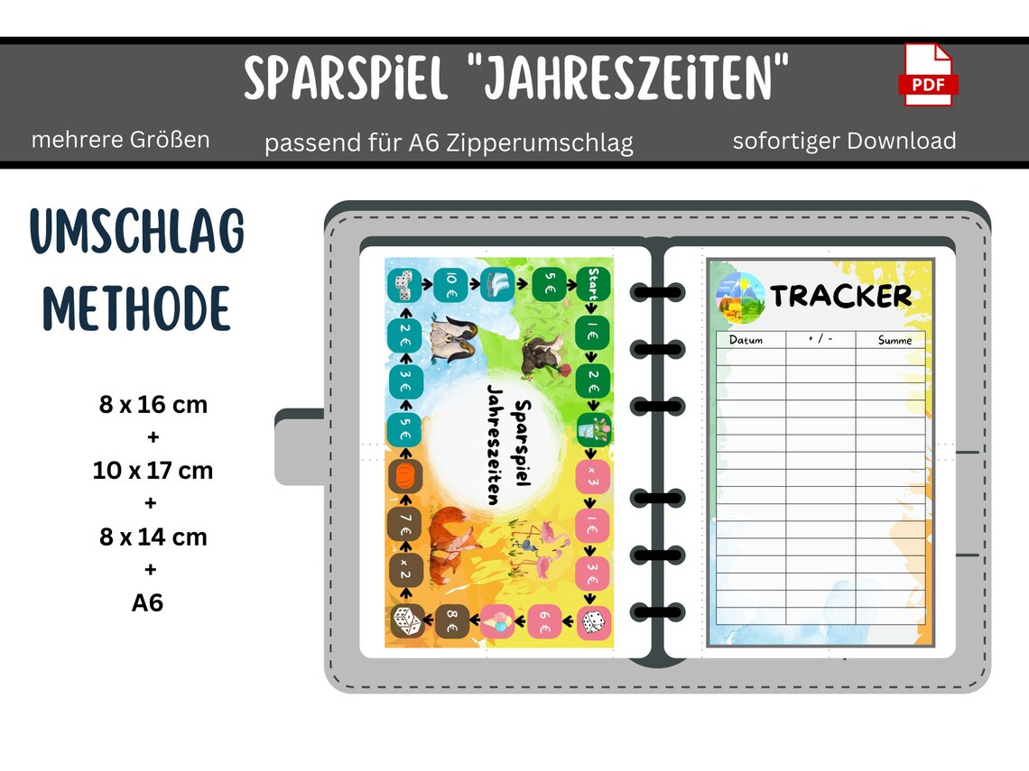 Sparspiel Challenge "Jahreszeiten" passend für Umschläge Budget Binder ...