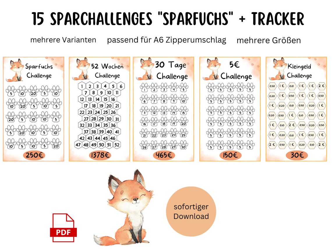 Sparfuchs Sparchallenge Set PDF passend für A6 Umschläge im - Etsy.de