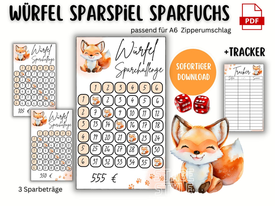 Würfel Sparspiel Sparfuchs Sparchallenge Umschläge Budgetplaner Budget ...