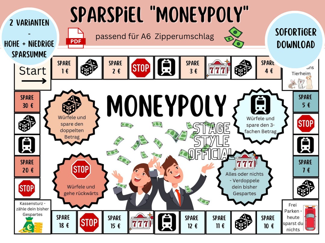 Moneypoly Sparspiel Sparchallenge Umschläge Budgetplaner deutsch Spiel ...