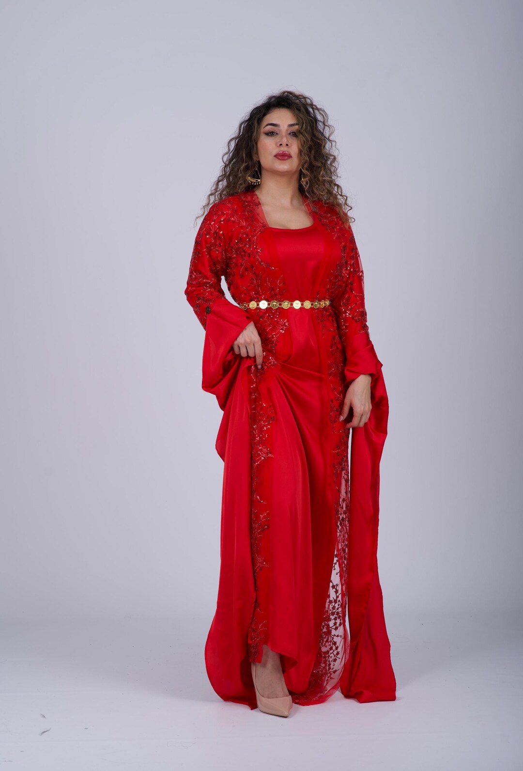 Red Kurdish Dress With Red Shkofe Sequins Embroidery - Etsy