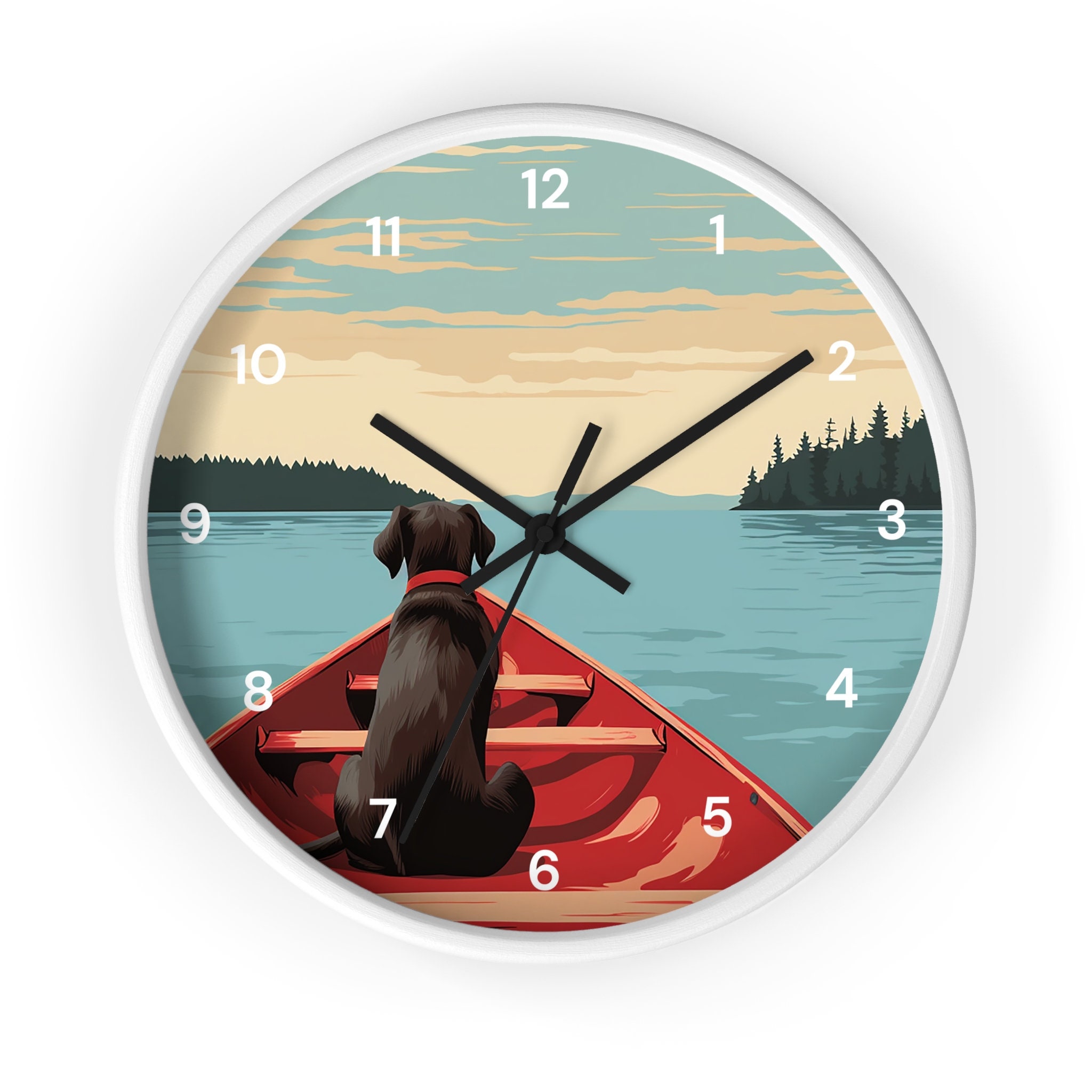 Black Dog Canoe Art Wall Clock With Numbers, Lake House Decor, Labrador ...