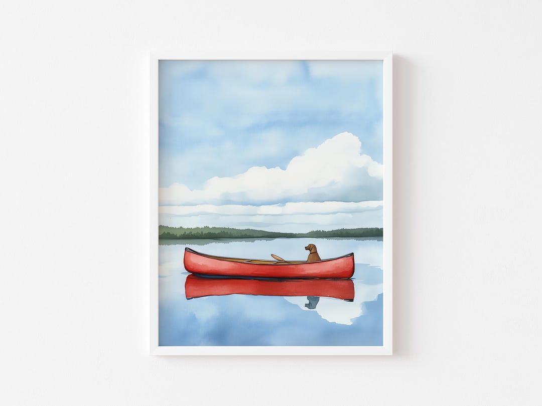 Watercolor Chocolate Lab on a Red Canoe Dog and Lake Wall Art Canoe ...