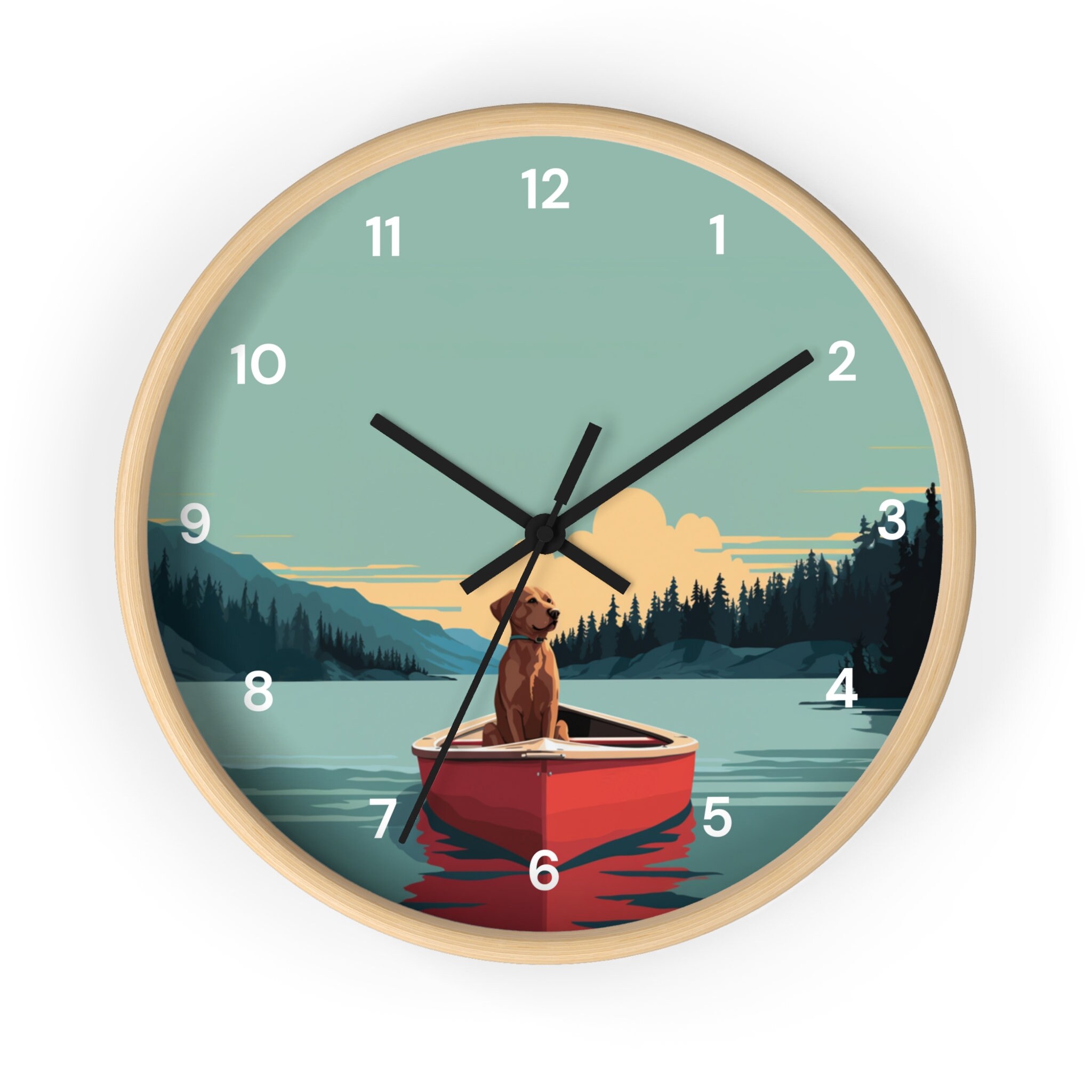 Dog Canoe Art Wall Clock With Numbers, Lake House Decor, Labrador Dog ...