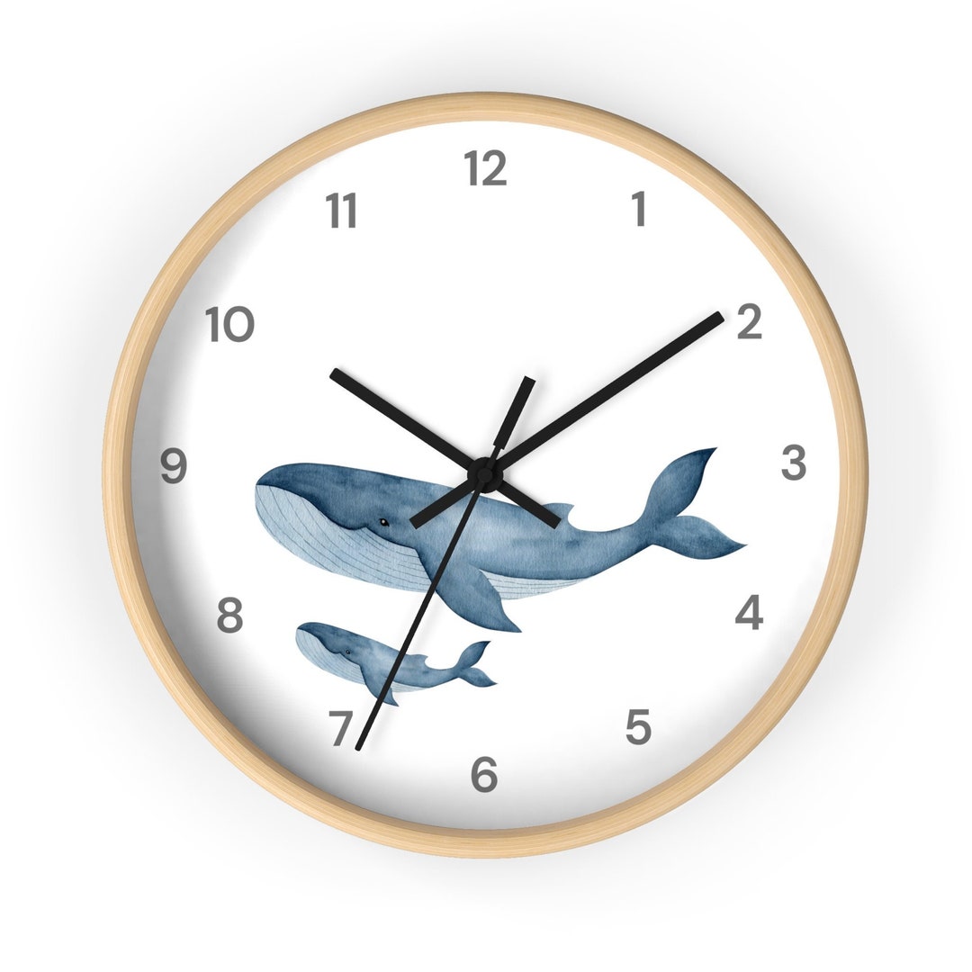 Mom & Baby Whale Wall Clock With Numbers, Watercolor Animal Wall Clock ...