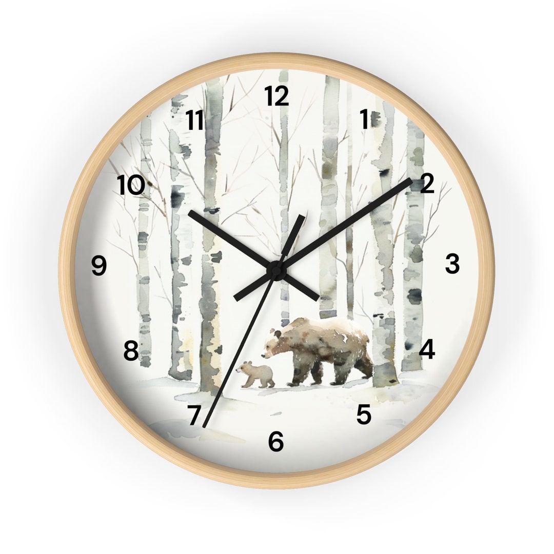 Watercolor Bear Mom and Baby in White Birch Forest Wall Clock, Woodland ...