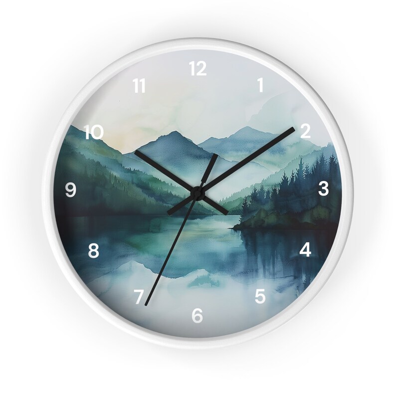 Watercolor Lake and Mountains Wall Clock With Numbers, Foggy Forest ...