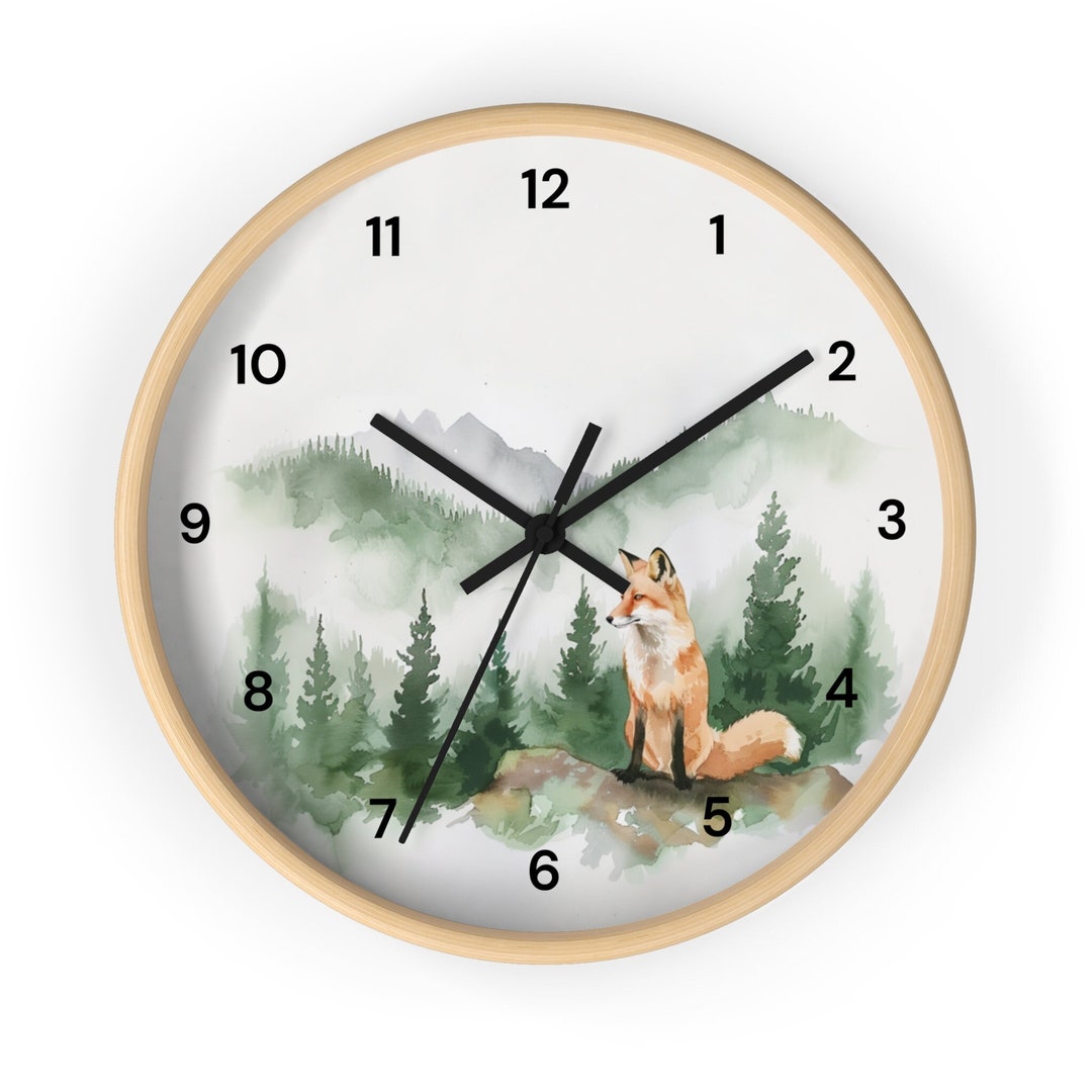 Watercolor Fox and Mountain Wall Clock, Adventure Theme Nursery ...