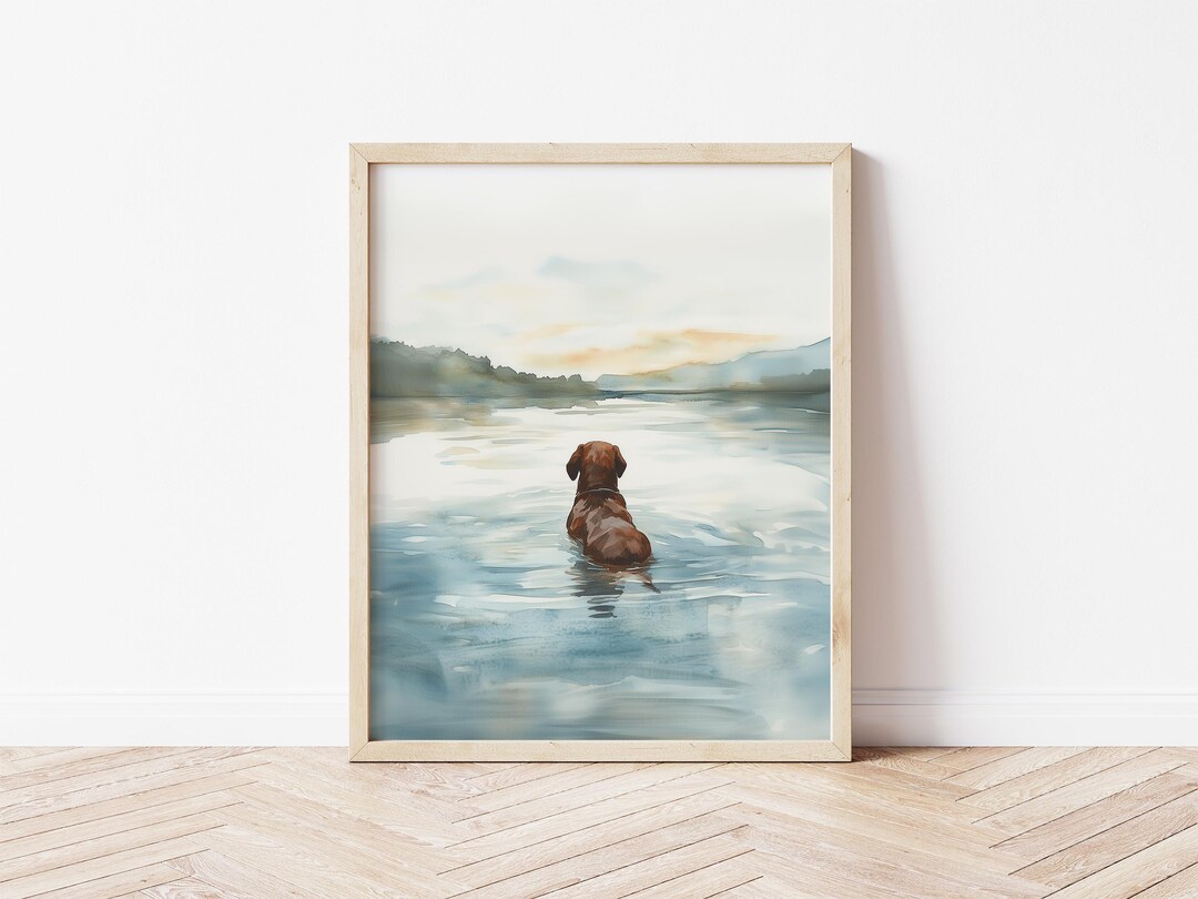 Watercolor Chocolate Lab Swimming in Lake Wall Art Labrador Retriever ...