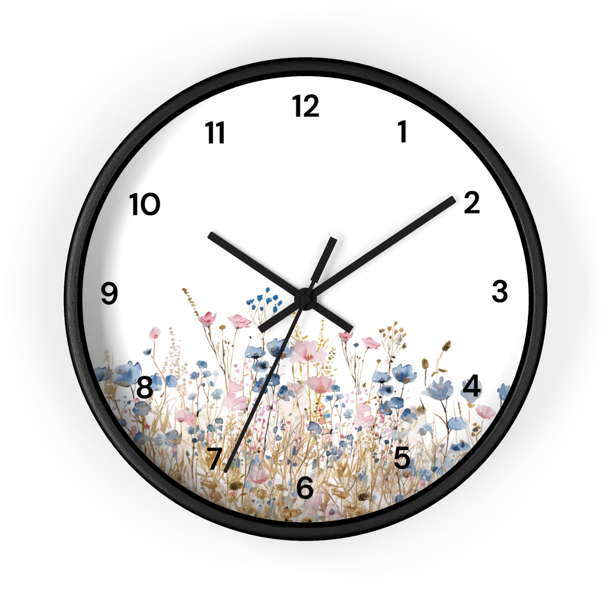 Watercolor Wildflower Wall Clock Pink and Blue Flower Field Art Floral ...