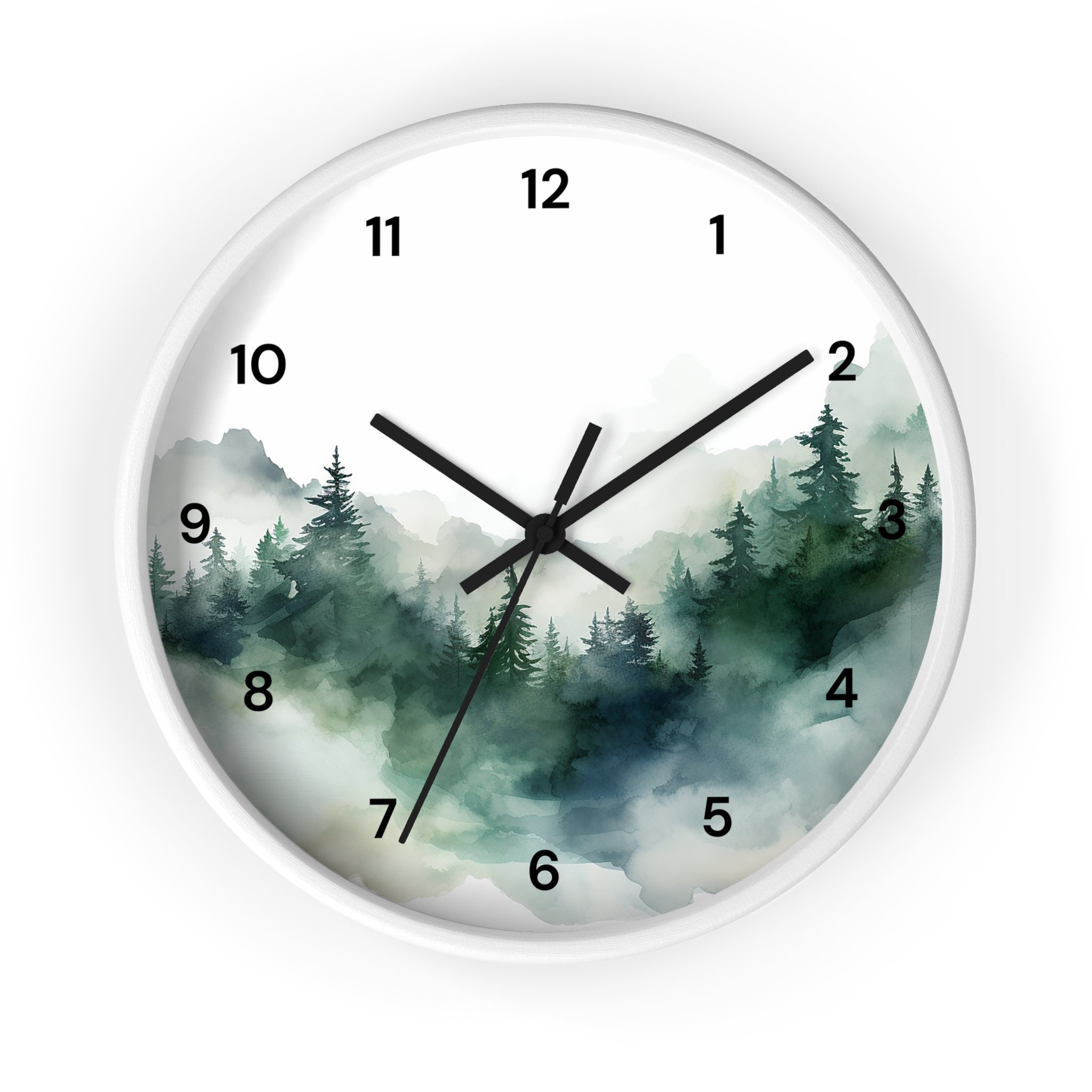 Watercolor Forest Wall Clock With Numbers, Misty Forest, Foggy Forest ...