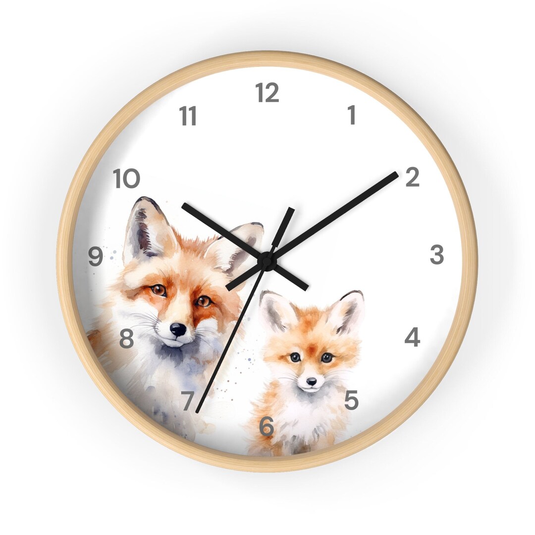 Mom & Baby Fox Wall Clock With Numbers, Watercolor Animal Wall Clock ...