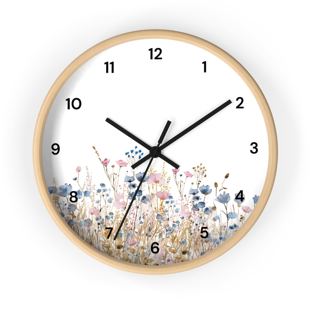 Watercolor Wildflower Wall Clock Pink and Blue Flower Field Art Floral ...