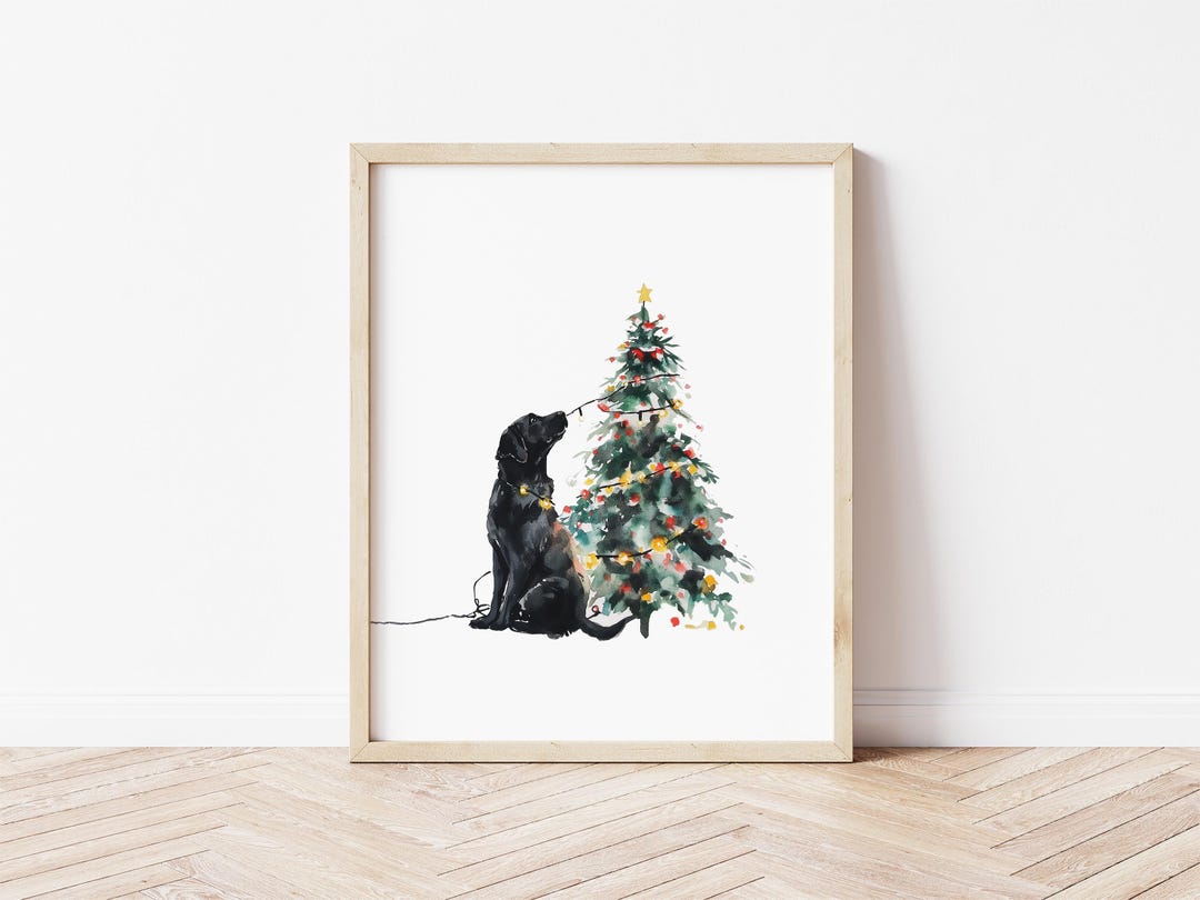 Watercolor Black Labrador With Christmas Tree Wall Art, Black Labrador ...