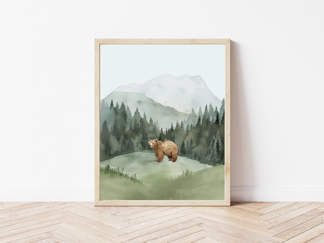 Watercolor Bear and Mountain Wall Art, Bear Nursery Decor, Nature ...