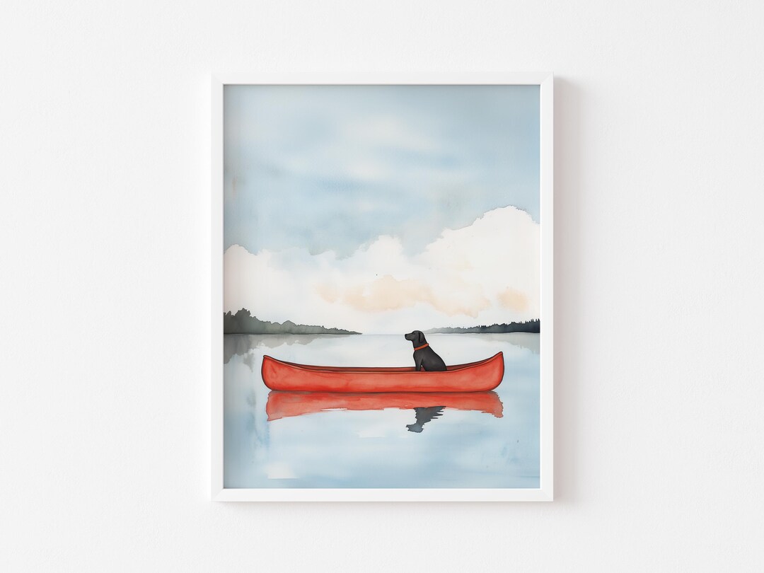 Watercolor Black Lab on a Red Canoe Dog and Lake Wall Art Canoe ...