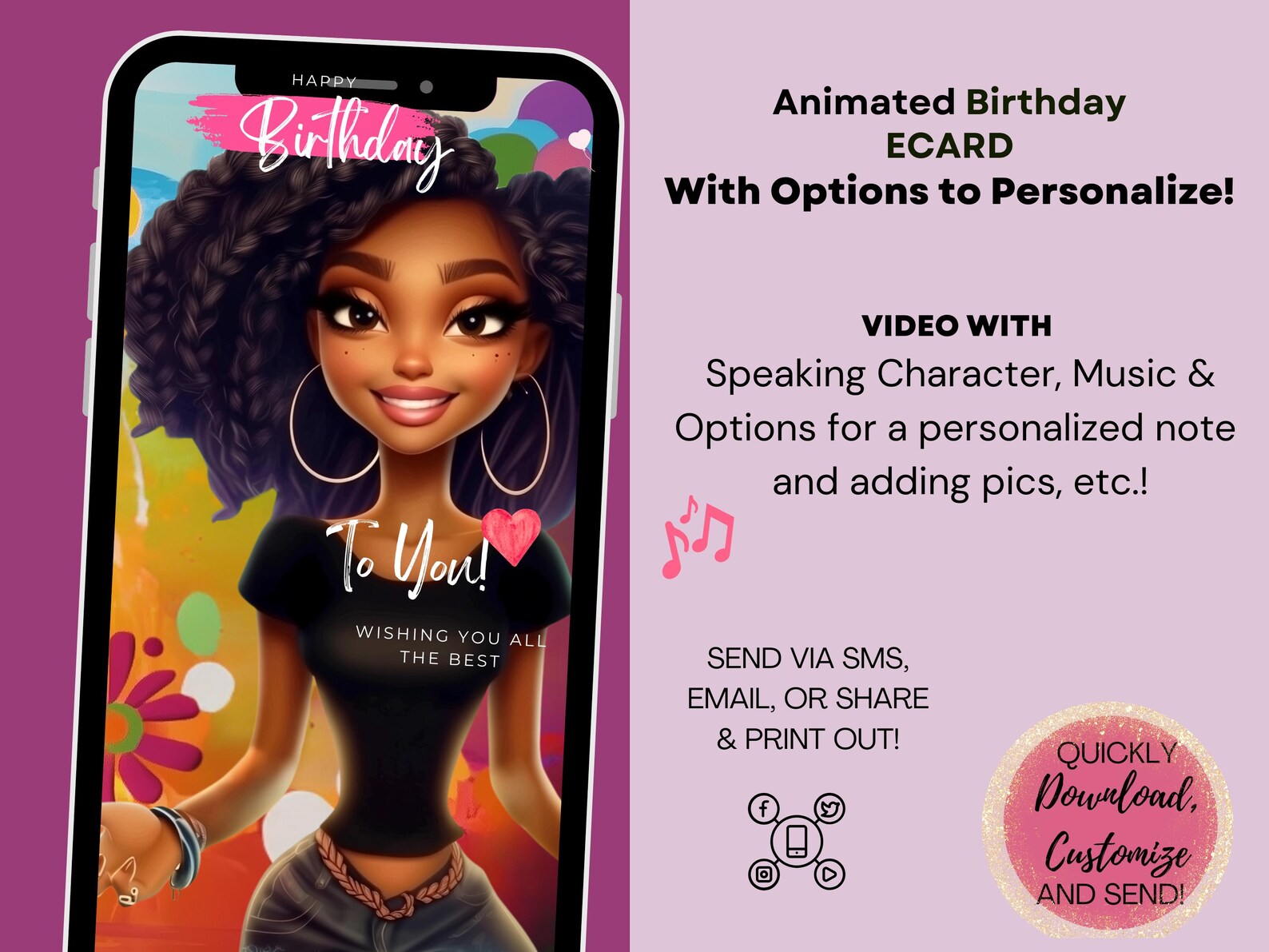 Black Woman Animated Birthday Ecard • Talking Customizable Digital ...