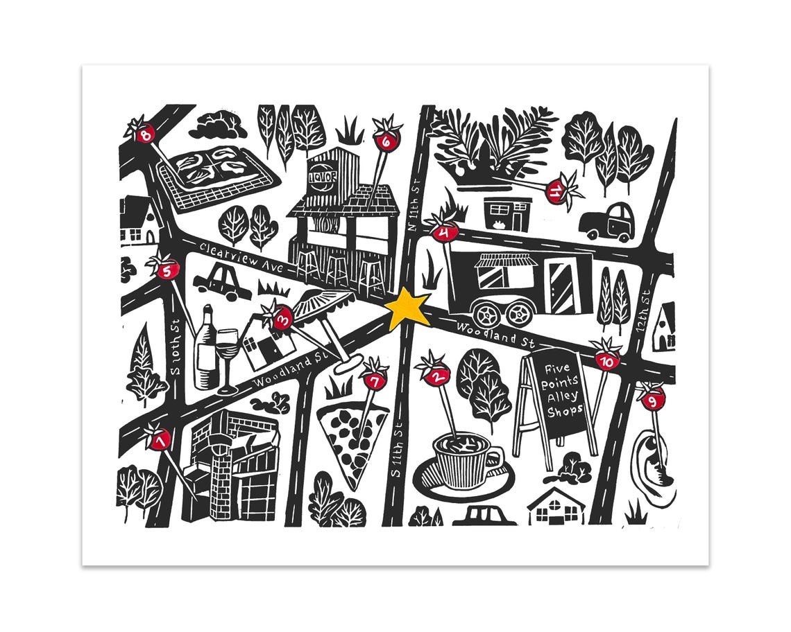 Five Points Map -- East Nashville Linocut Print - Etsy