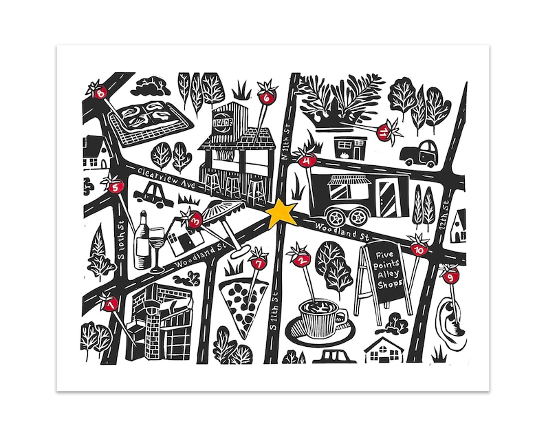 Five Points Map -- East Nashville Linocut Print - Etsy
