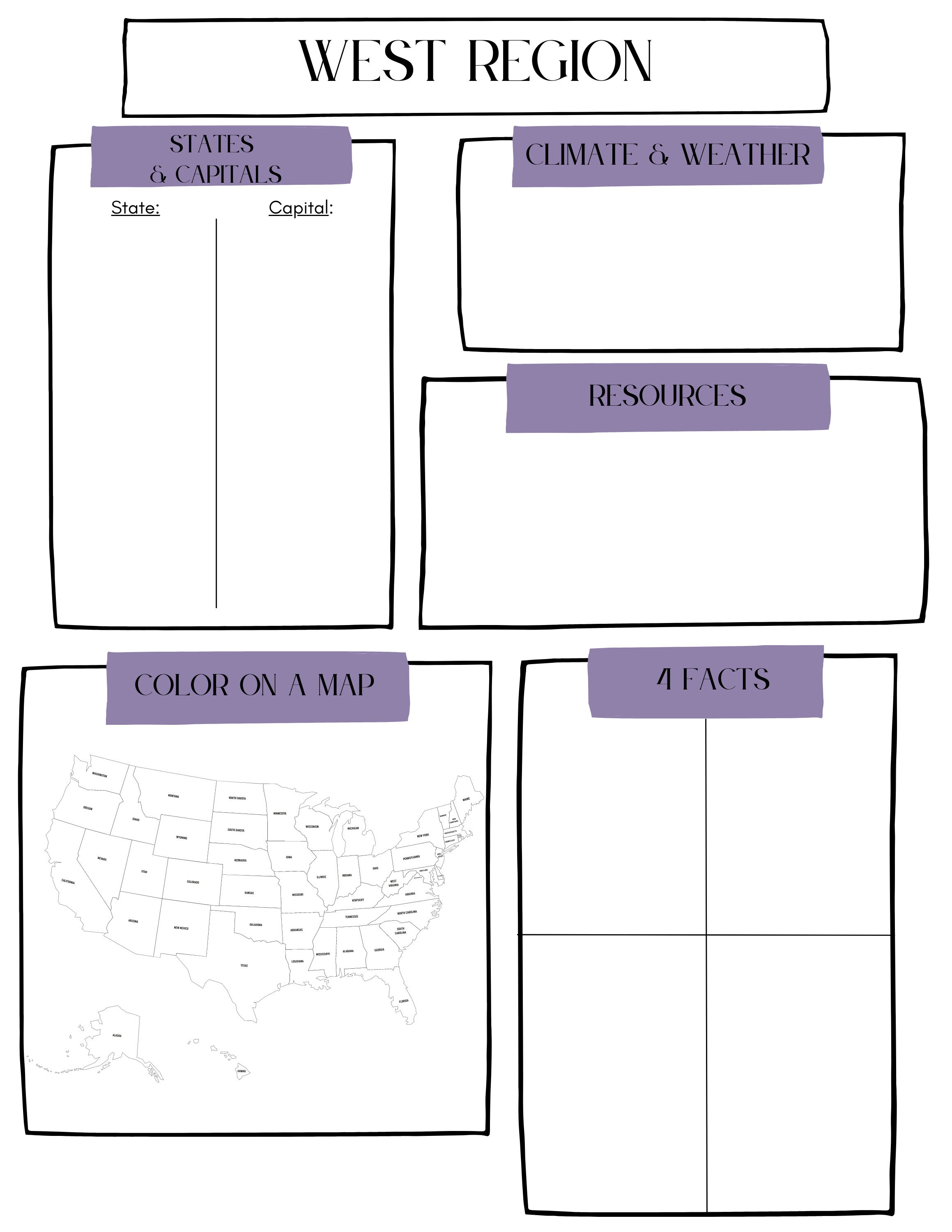 Regions of the US Graphic Organizers, Printables, Social Studies ...