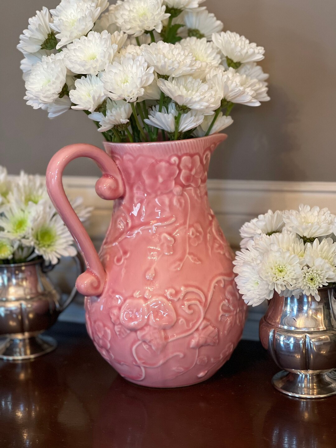 Vintage Pink Bordallo Pinheiro Pitcher Majolica Pink Pitcher Portugal ...