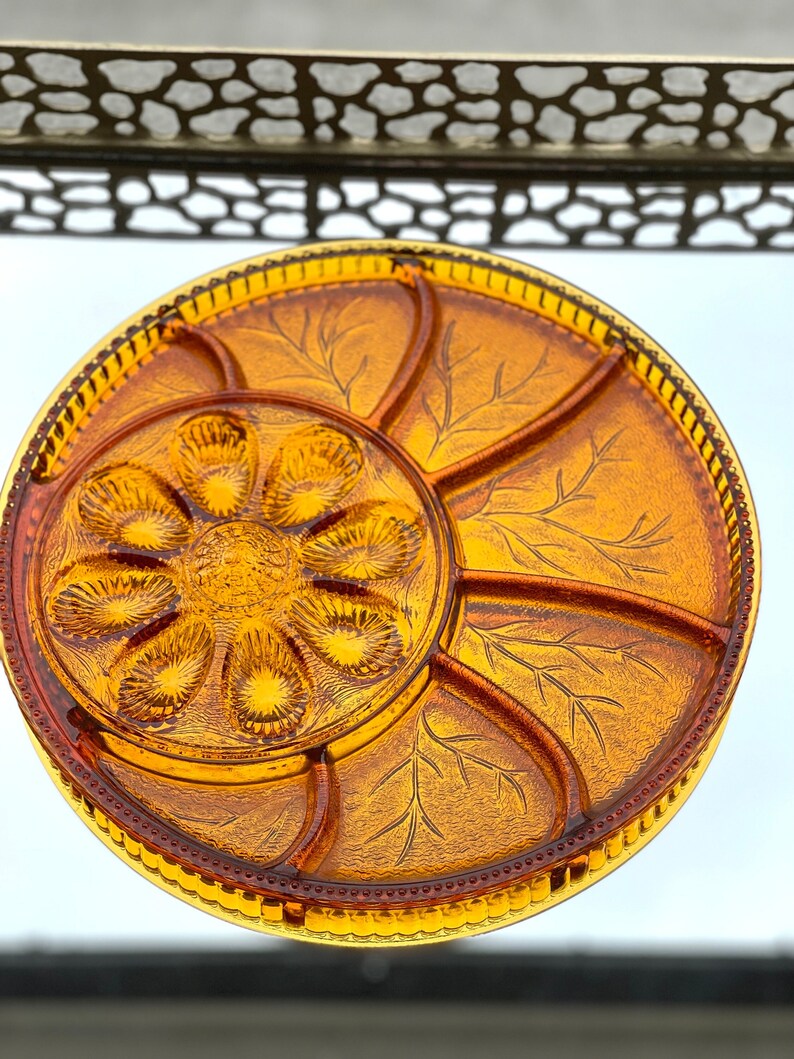 Indiana Glass Pebble Leaf Amber Deviled Egg Plate/egg and Relish Tray ...