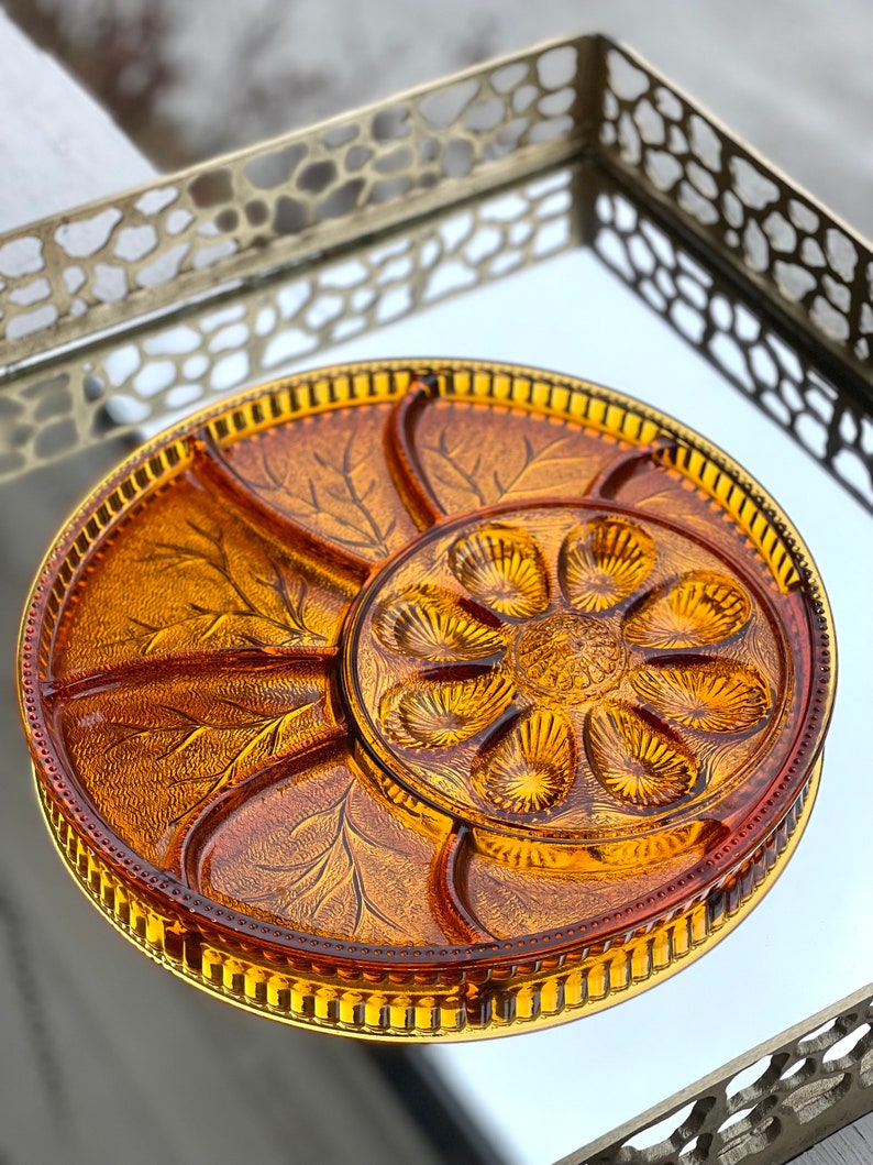 Indiana Glass Pebble Leaf Amber Deviled Egg Plate/egg and Relish Tray ...