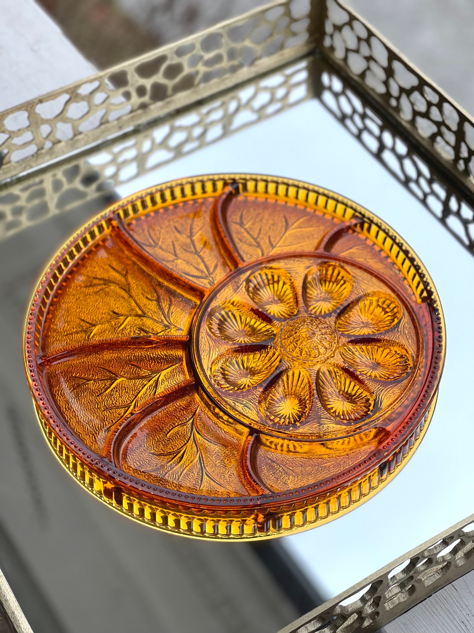 Indiana Glass Pebble Leaf Amber Deviled Egg Plate/egg and Relish Tray ...