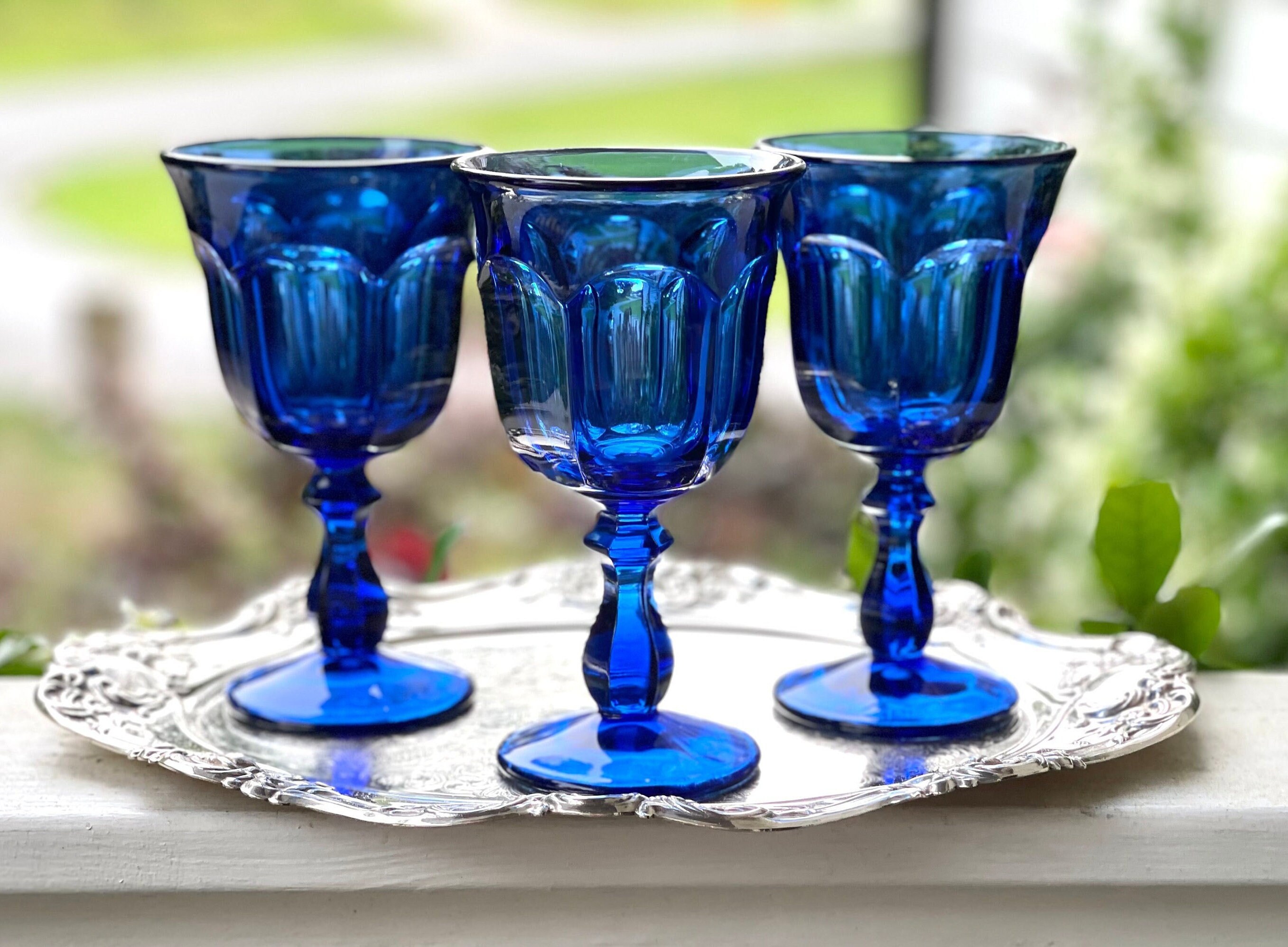 Set of 3 Imperial Glass Old Williamsburg Deep Blue Ultra Water Goblets ...