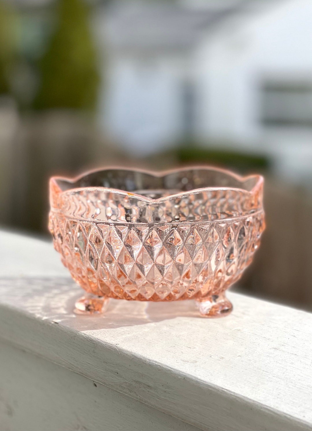 Vintage Pink Depression Glass/indiana Glass Diamond Point Pink Bon Bon ...