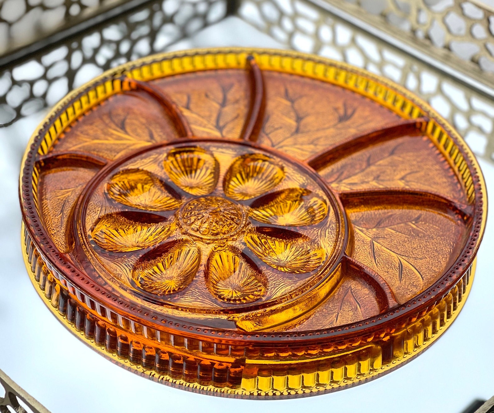 Indiana Glass Pebble Leaf Amber Deviled Egg Plate/egg and Relish Tray ...
