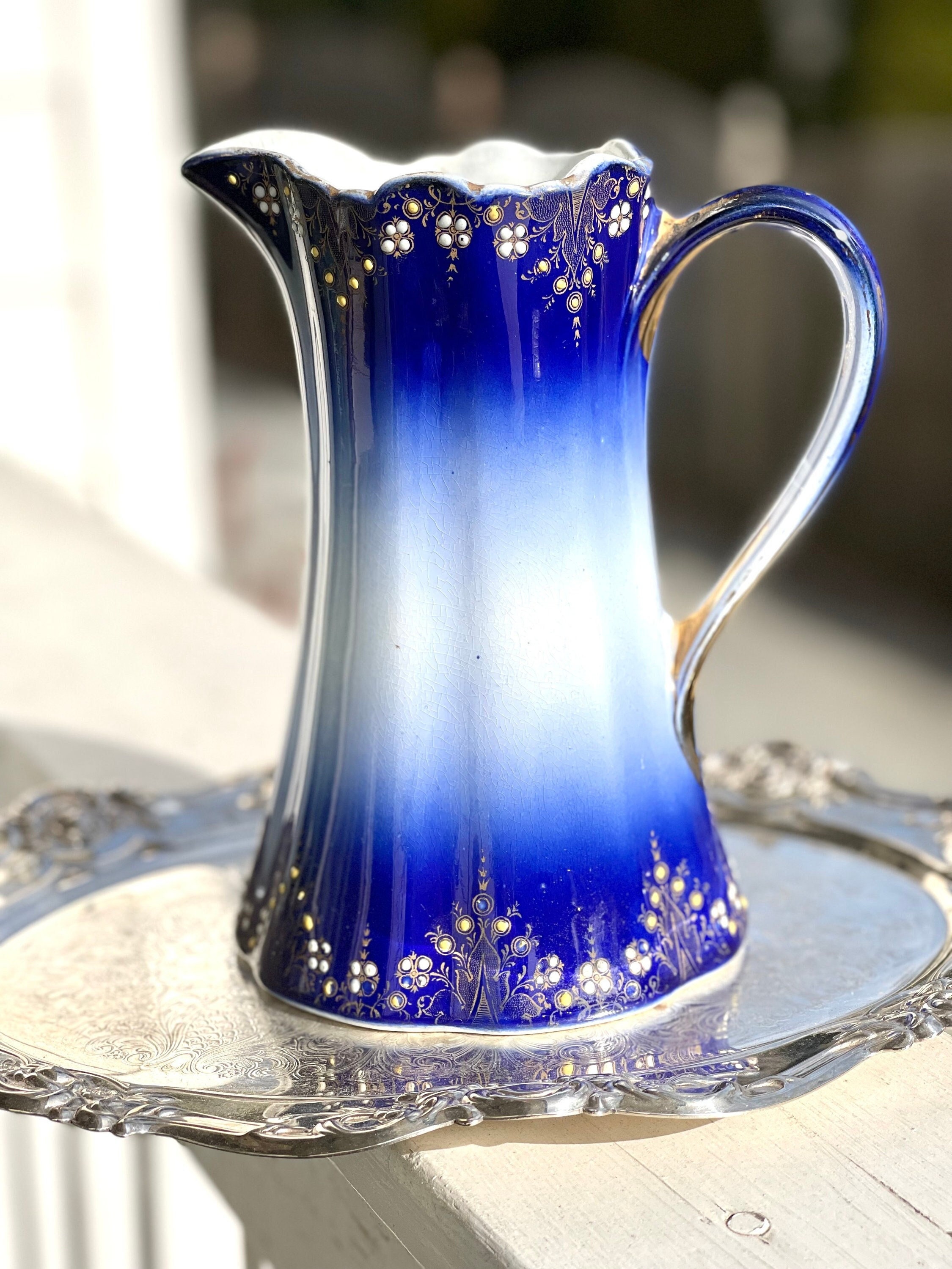 K Et G Luneville France Blue Pitcher/flow Blue Pitcher/antique Pitcher ...