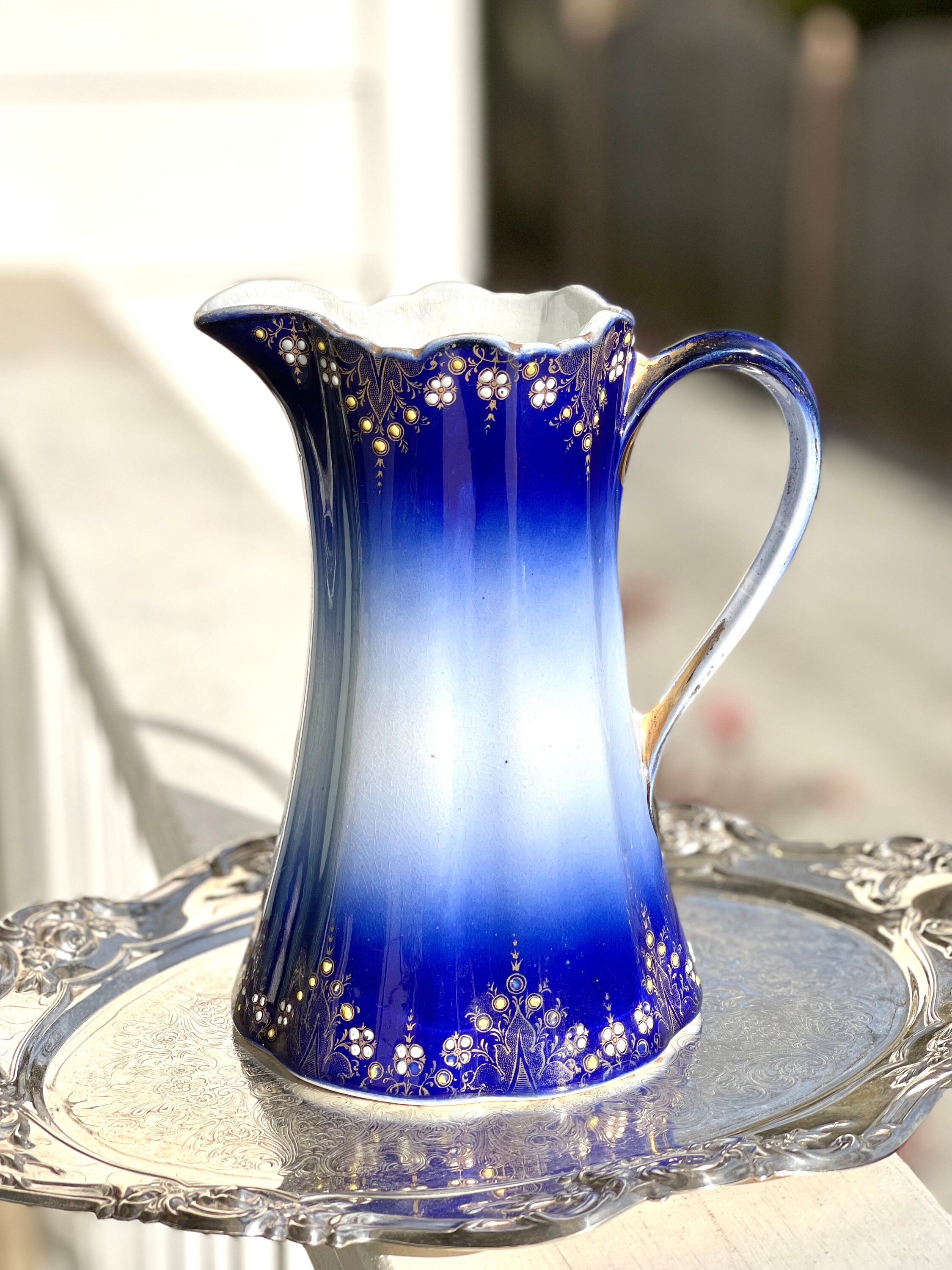 K Et G Luneville France Blue Pitcher/flow Blue Pitcher/antique Pitcher ...