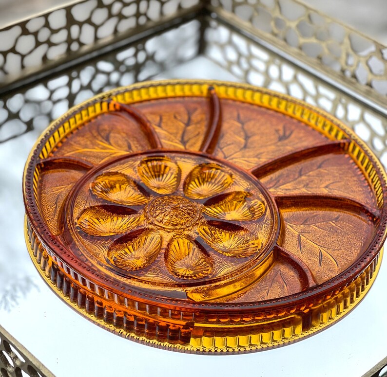 Indiana Glass Pebble Leaf Amber Deviled Egg Plate/egg and Relish Tray ...
