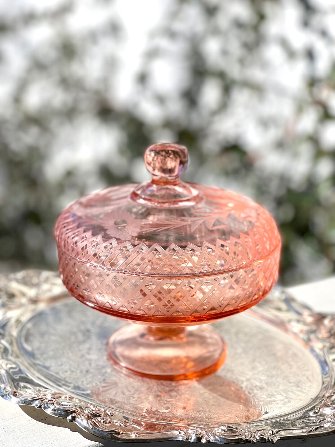 Vintage Pink Floral Etched Footed Compote With Lid/pink Footed Candy ...