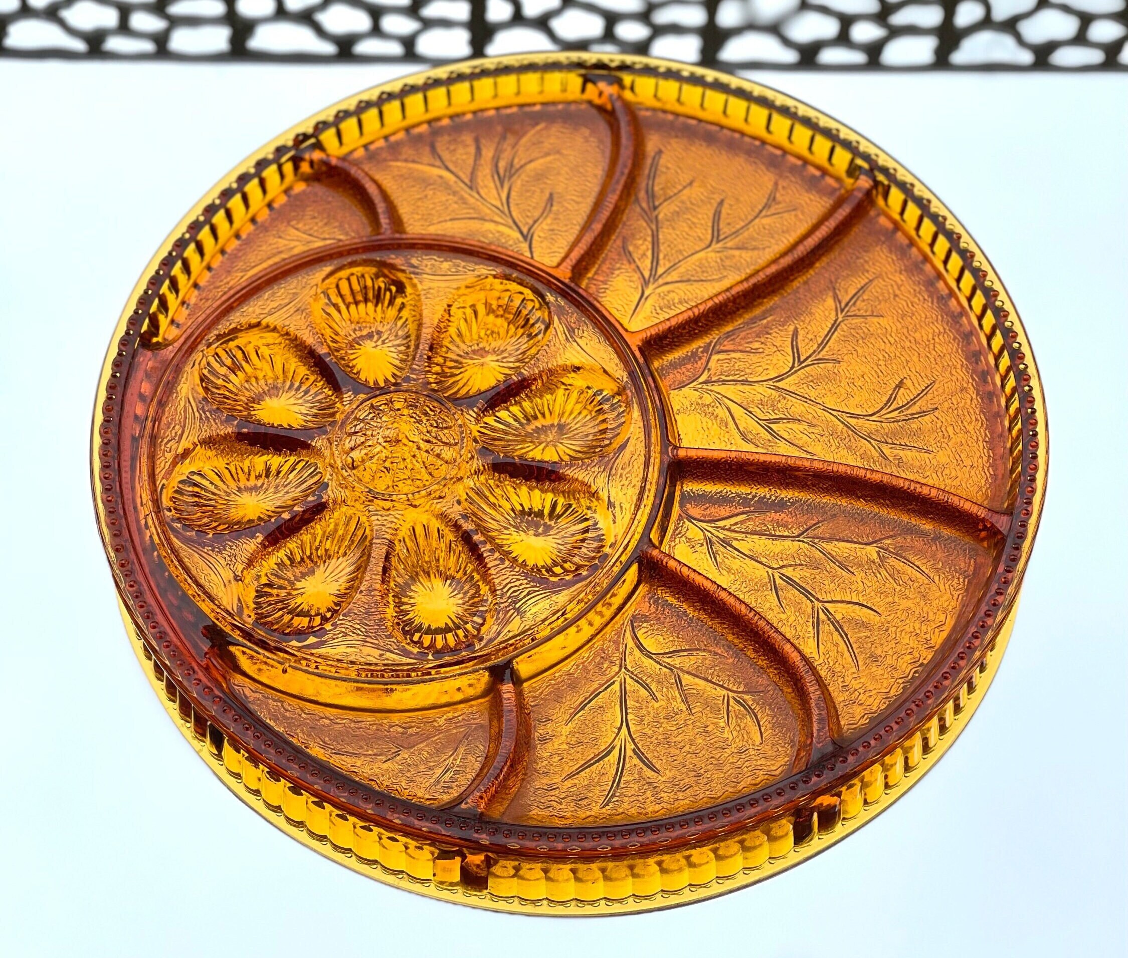 Indiana Glass Pebble Leaf Amber Deviled Egg Plate/egg and Relish Tray ...