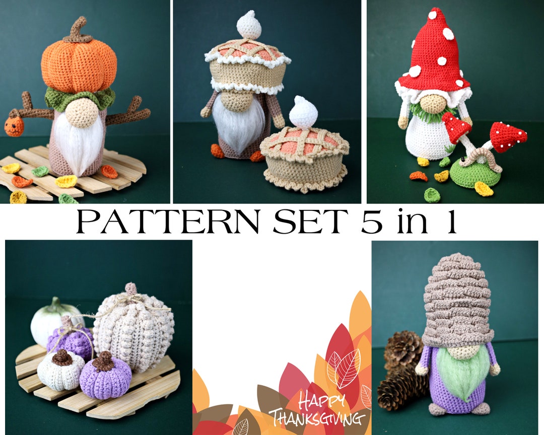 Crochet Thanksgiving Gnome Pattern Set 5 in 1, Amigurumi Fall Gnome Set ...