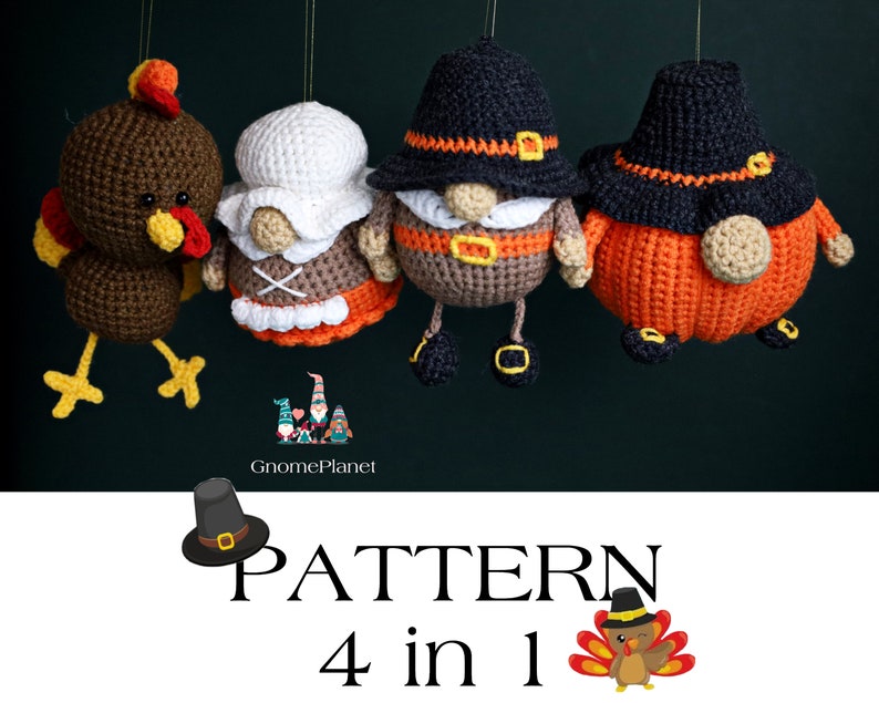 Crochet Thanksgiving Keychain Gnome Patterns 4 in 1 Set, Crochet Gnomes ...