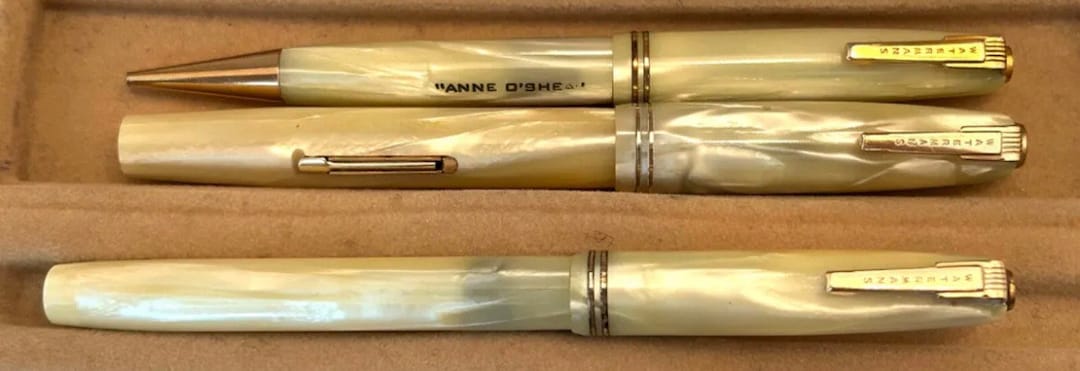 WATERMAN White Pearl Fountain Pen IDEAL 14k Nib Pencil Thermometer Set ...
