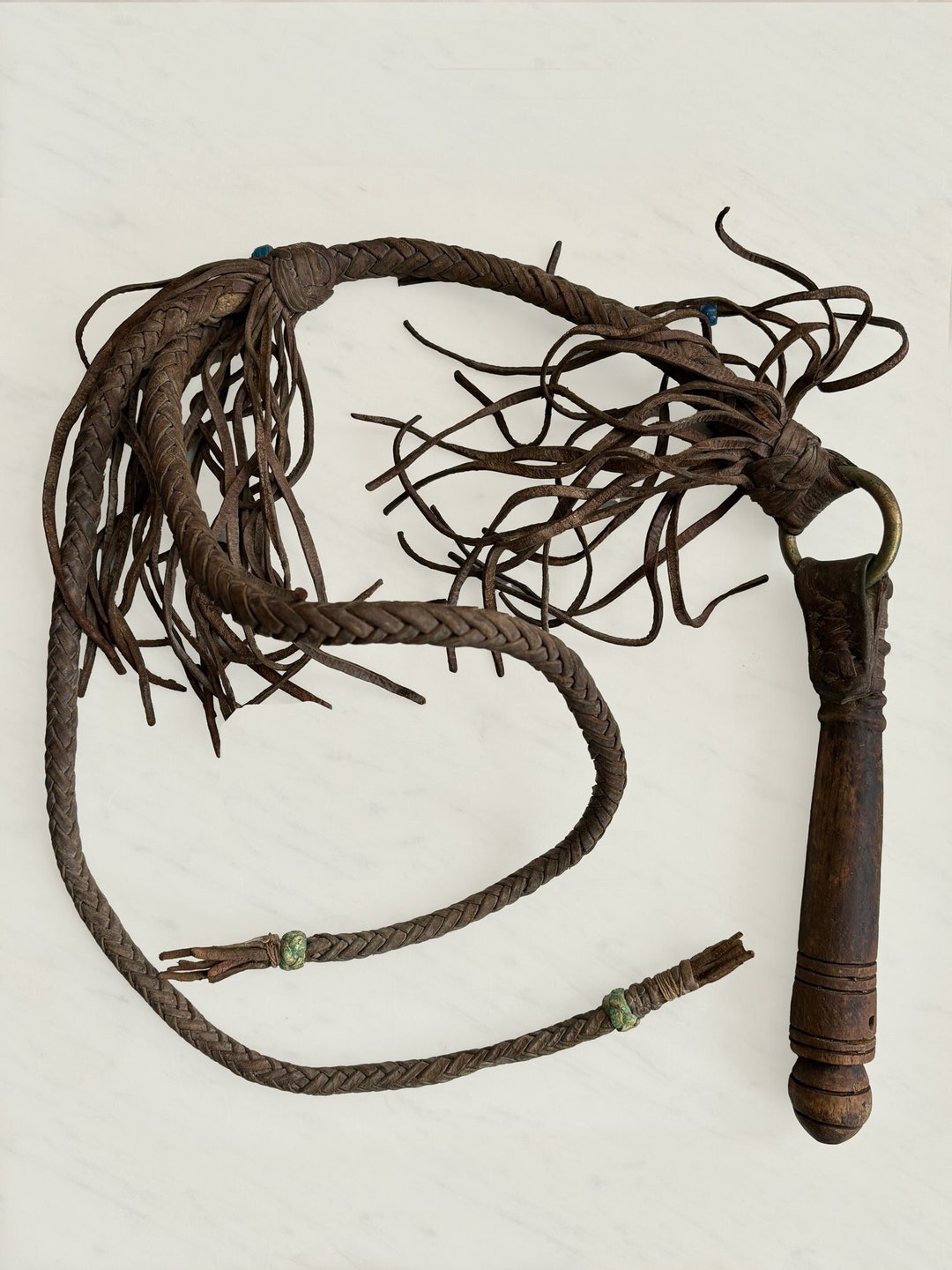 African Tribal Curiosa Art Whip Leather Wood Metal Animal Horse Cattle ...